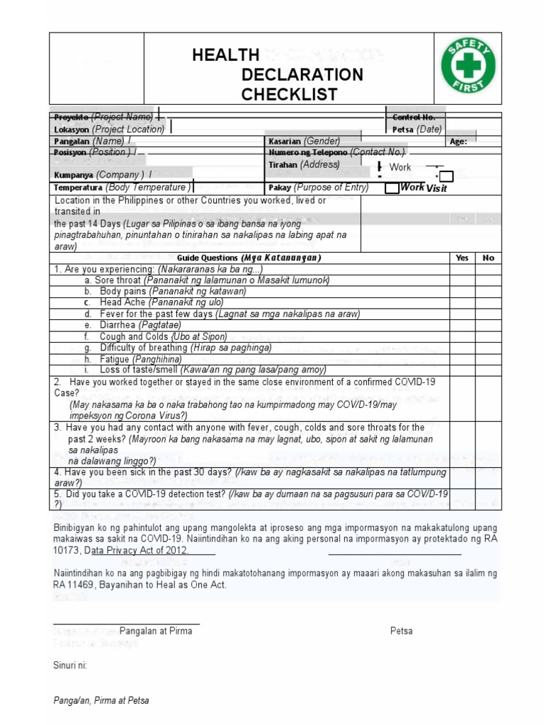 Form - Health Declaration Checklist | PDF