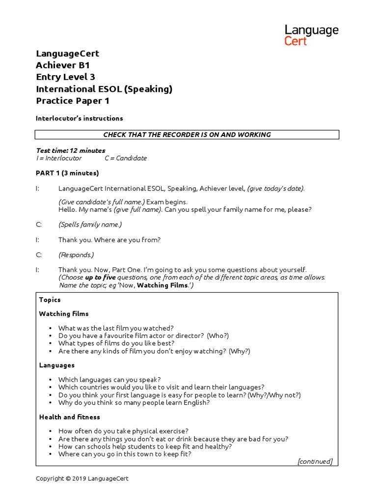 Languagecert Achiever B1 Entry Level 3 International Esol (Speaking ...