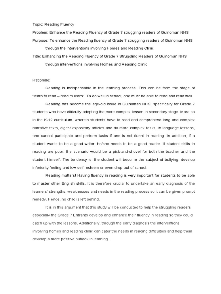 Action Research. English - Grade 7 Jenefer | PDF | Fluency | Reading ...