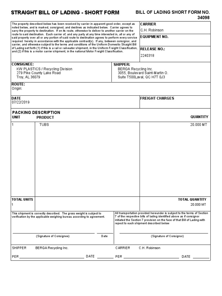 STRAIGHT BILL OF LADING SHORT FORM | PDF | Cargo | Bill Of Lading