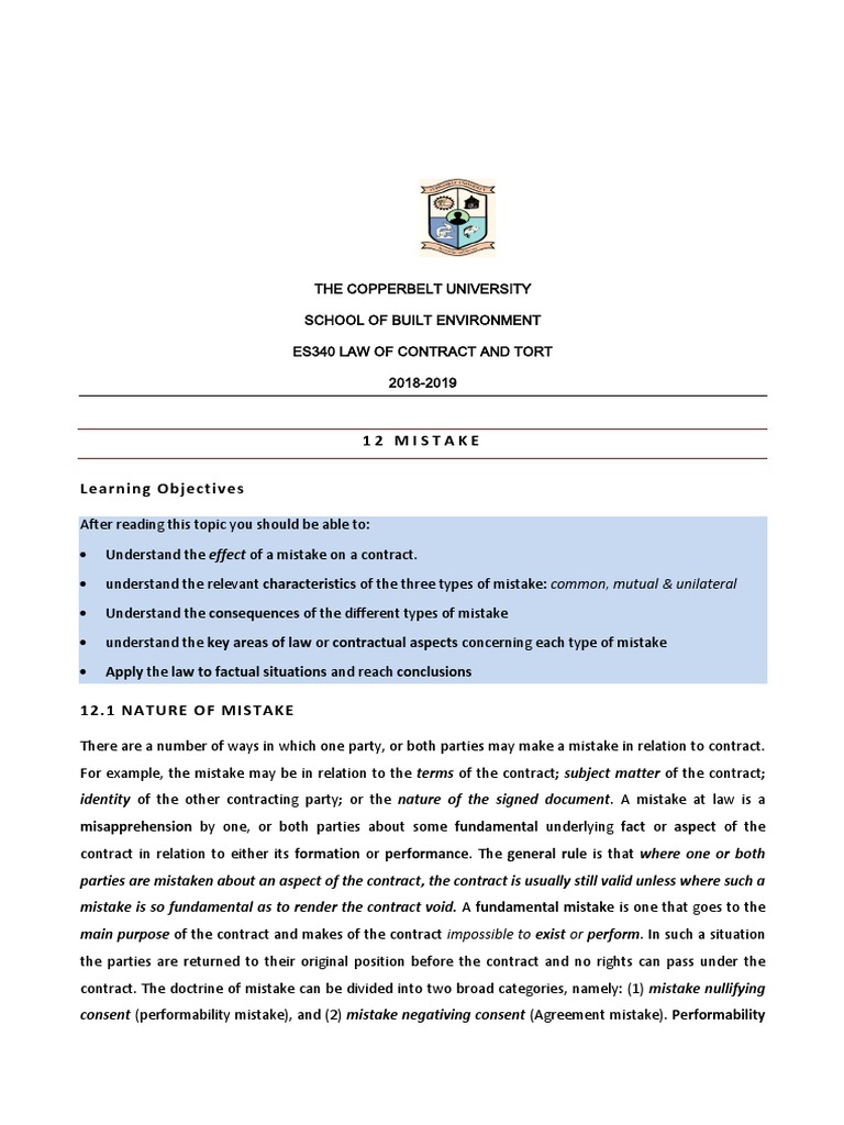 Mistake - Lecture Outline 2018-2019 PDF | PDF | Misrepresentation | Damages