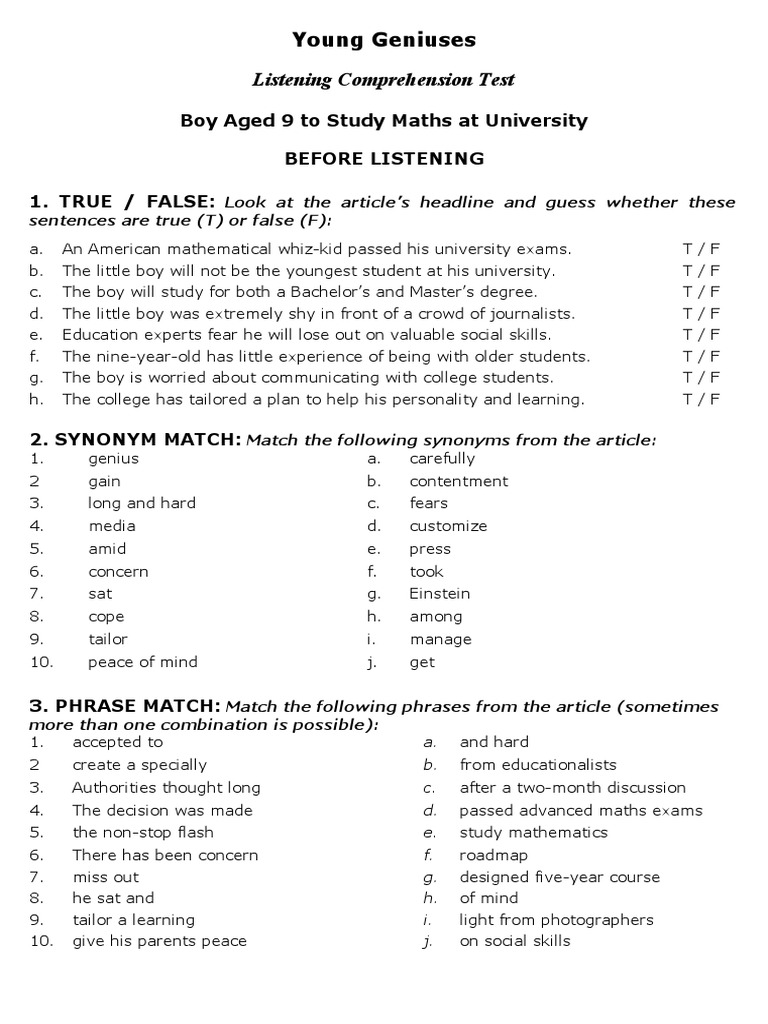 Young Geniuses Listening and Vocabulary Exercises | PDF | Test ...