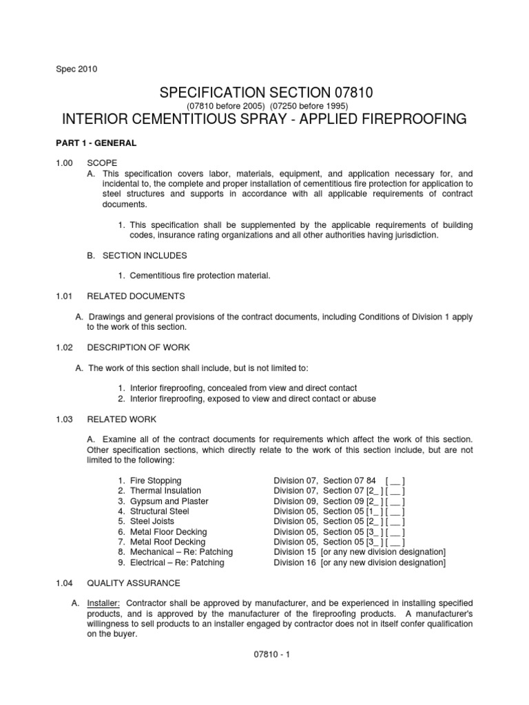 Specification Section 07810 Interior Cementitious Spray - Applied ...