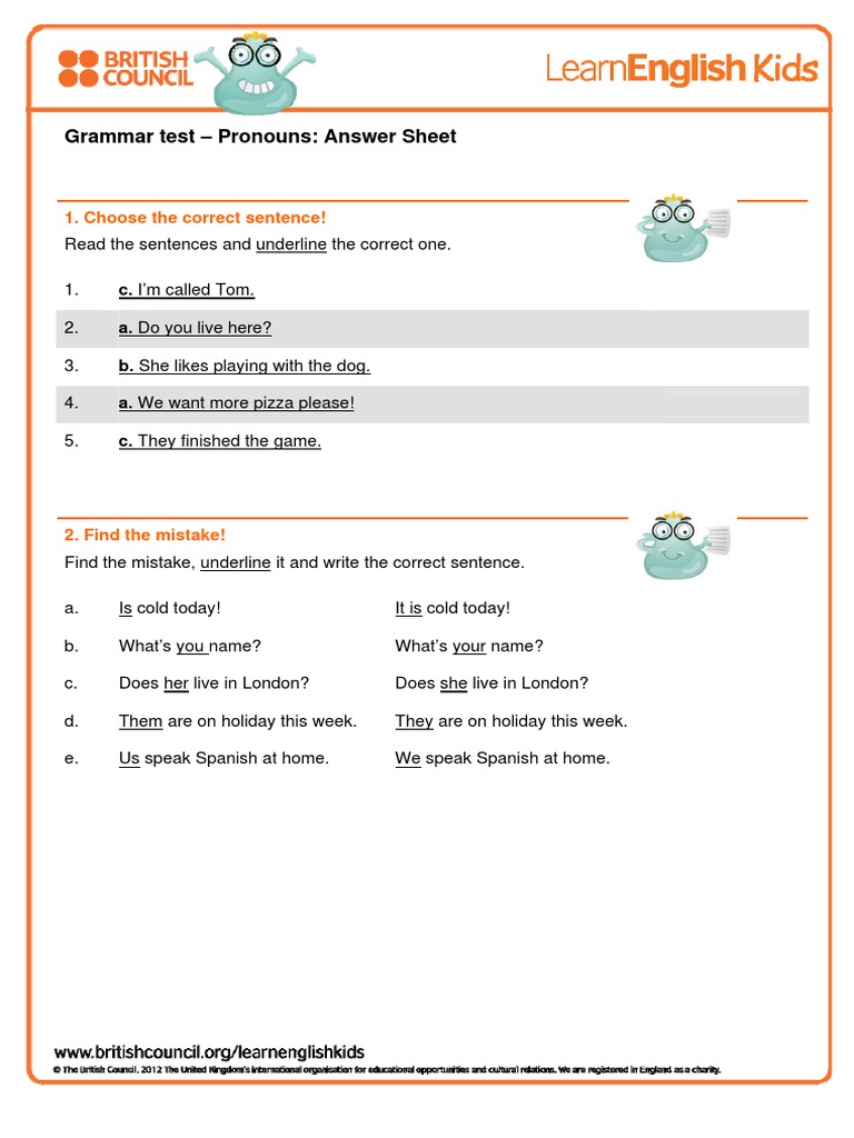 Grammar Test - Pronouns: Answer Sheet | PDF