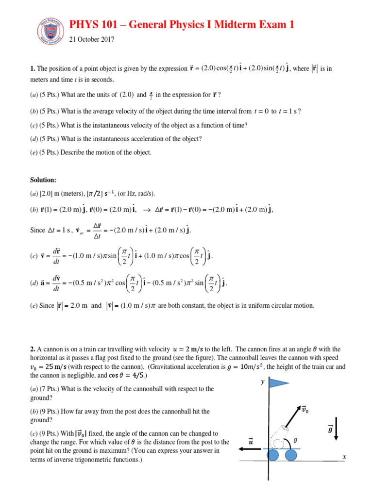 PHYS 101 - General Physics I Midterm Exam 1: (2.0) Cos (2.0) Sin | PDF ...