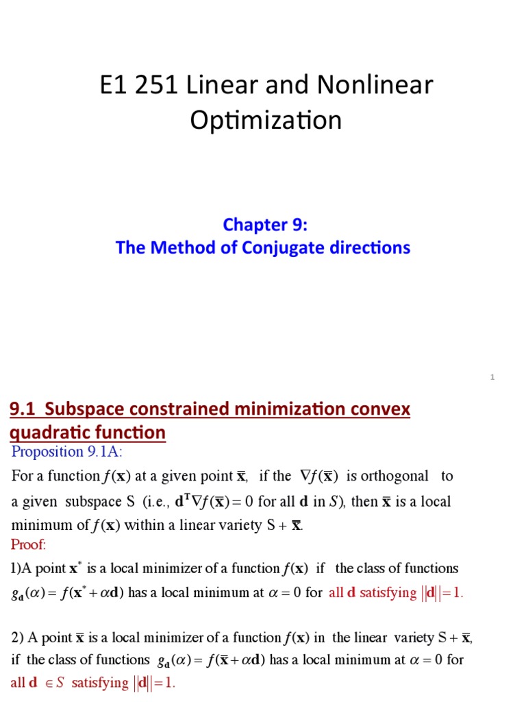 E1 251 Linear and Nonlinear Op2miza2on: Chapter 9: The Method of Conjugate Direc6ons | PDF ...