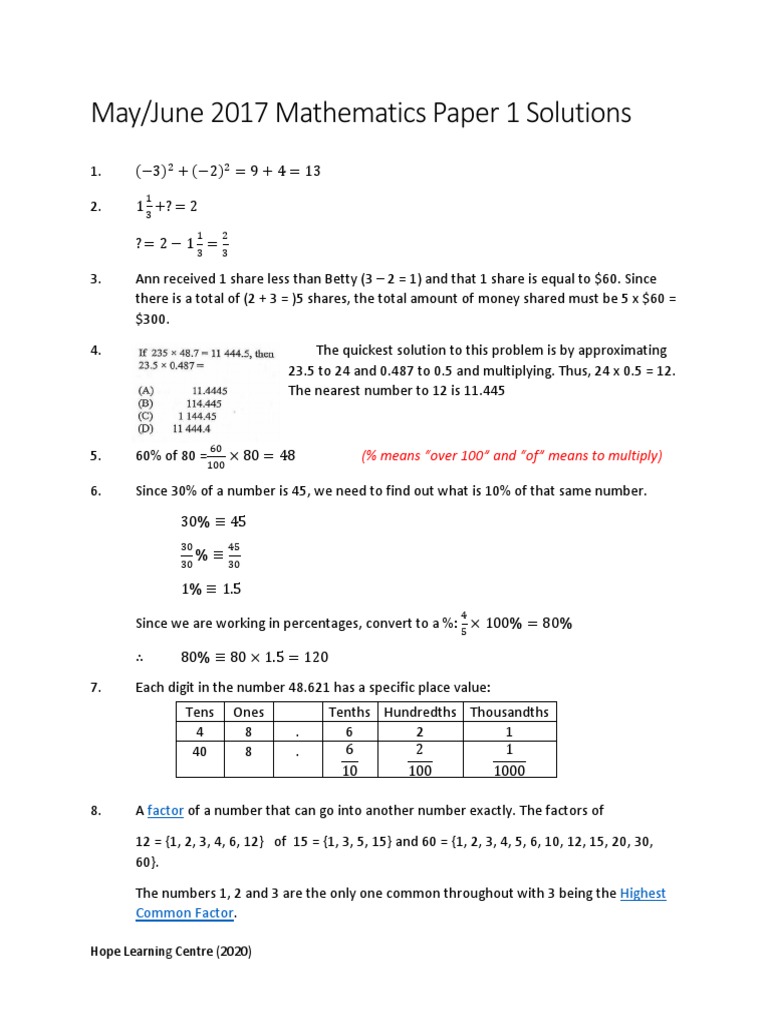 2017 May/June Maths Paper 1 Solutions | PDF | Triangle | Angle