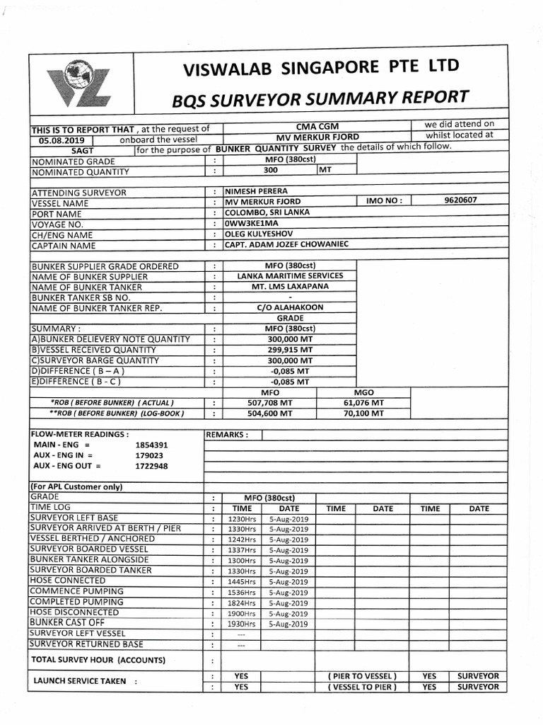 Bunker Quantity Survey Report: MV Merkur Fjord | PDF | Fuel Oil | Oil ...