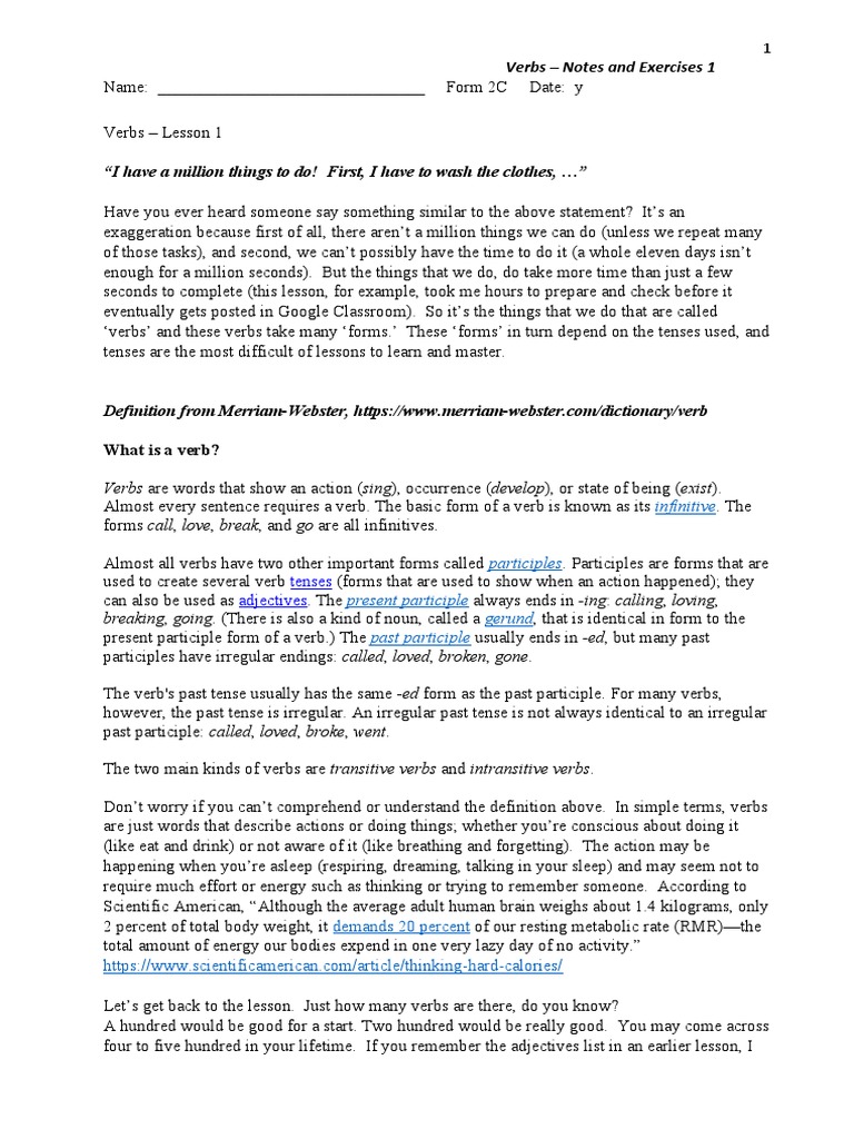 Verbs Lesson 1 For 2C | PDF | Verb | Syntax