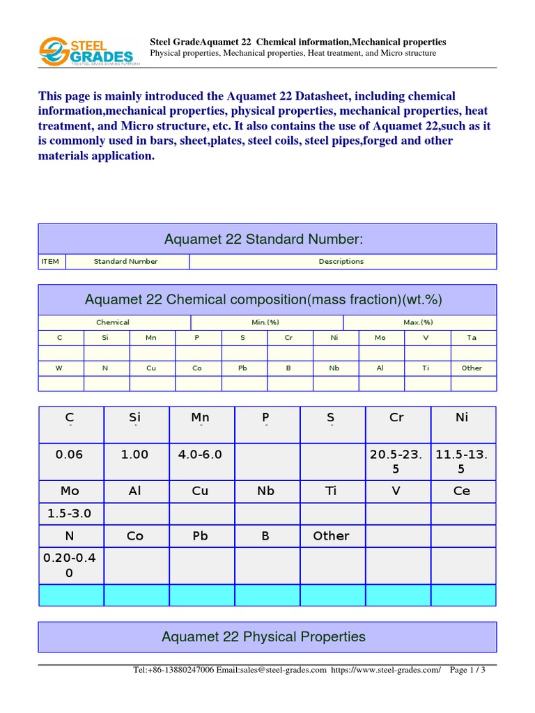 Datasheet For Steel Grades High Alloy Aquamet 22 | PDF | Rolling ...