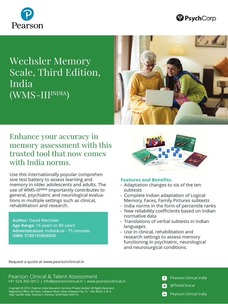 Wechsler Memory Scale, Third Edition, India (Wms-Iii) | Download Free ...