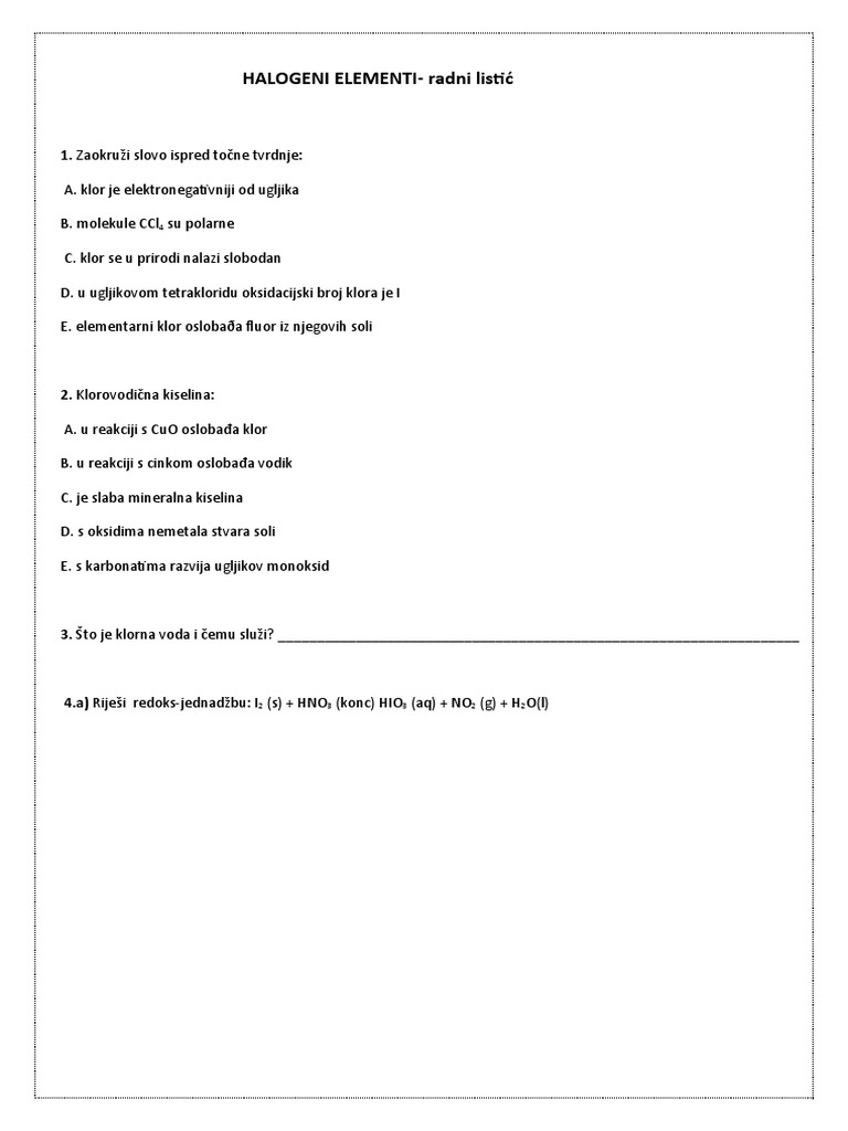 HALOGENI ELEMENTI-radni Listić | PDF