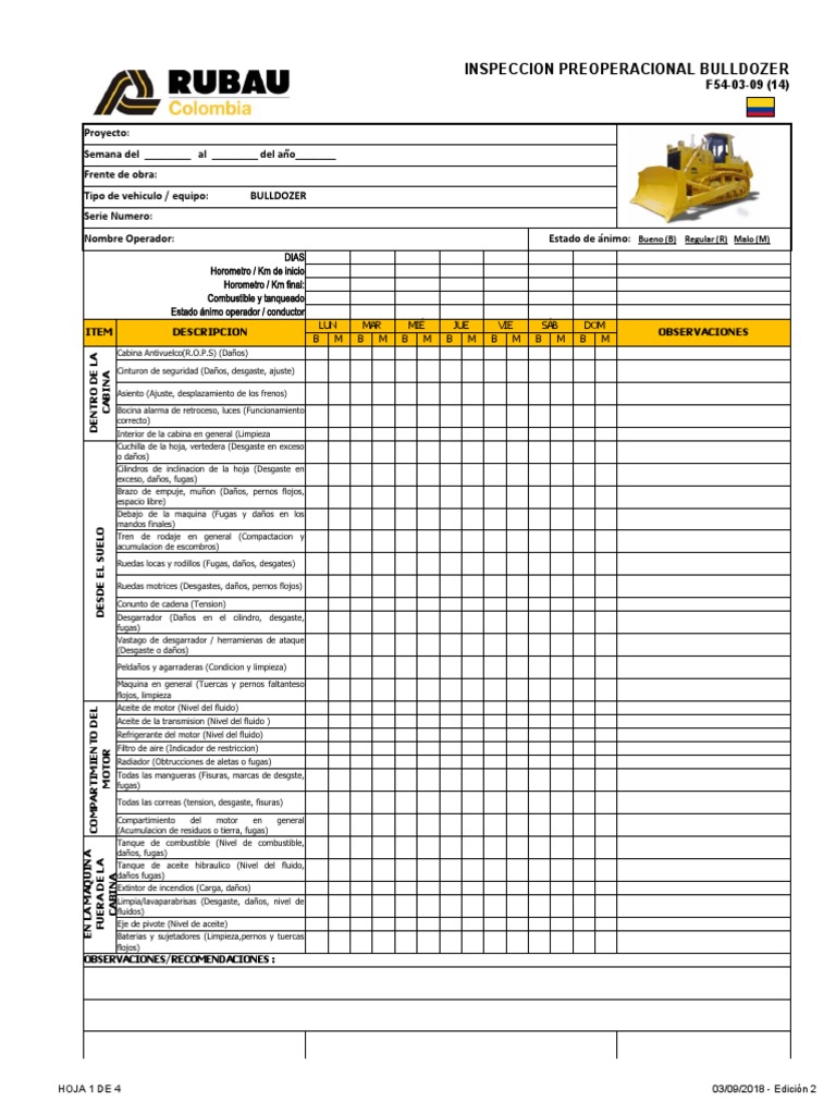 Inspección Preoperacional Bulldozer | PDF | Transporte | Vehículos