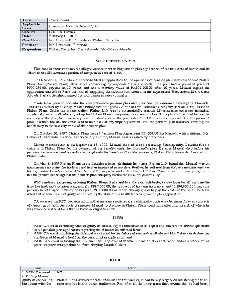 Florendo Vs Philam Plans | PDF | Life Insurance | Insurance
