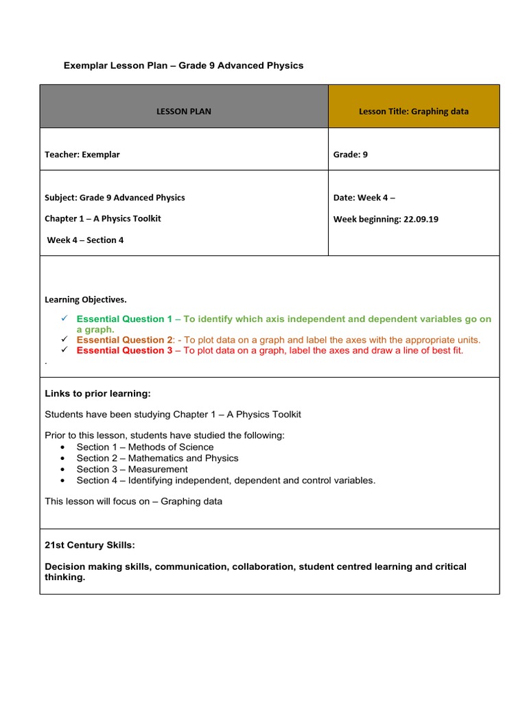 Exemplar Lesson Plan - Week 4 - Graphing Data | PDF | Lesson Plan ...
