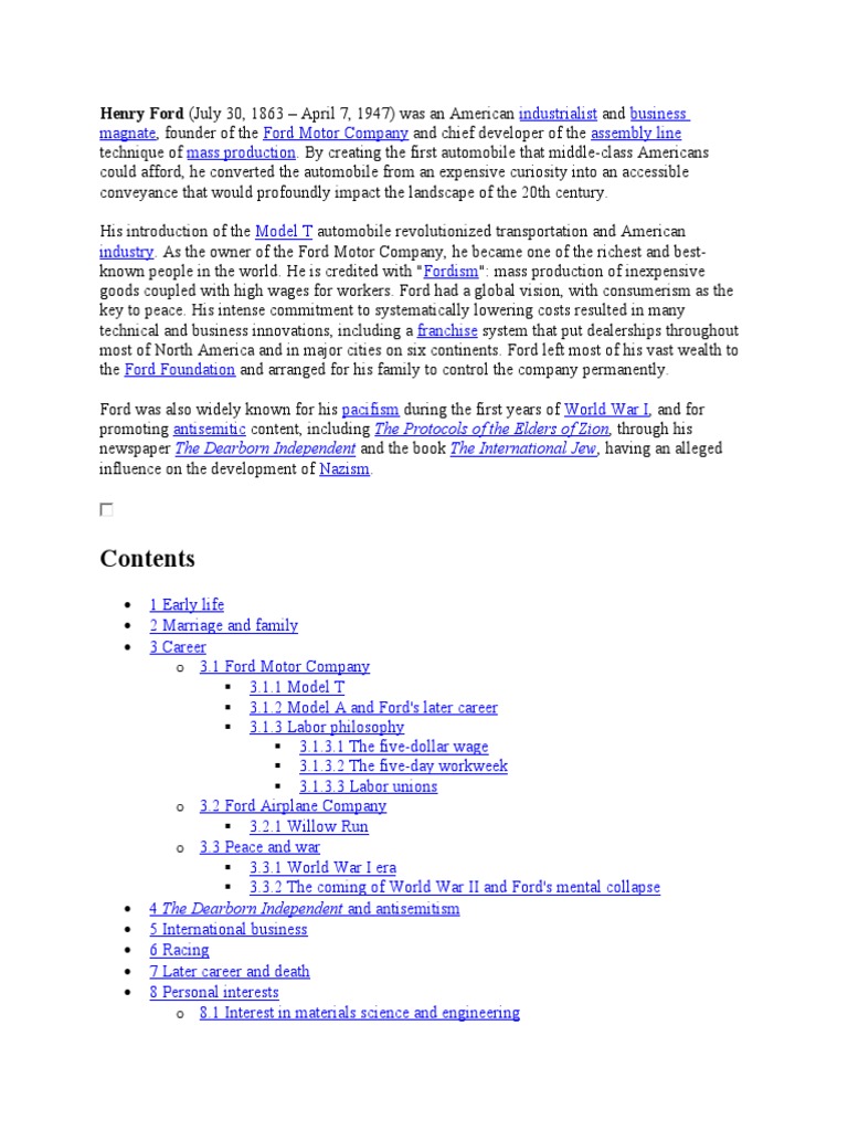 Henry Ford (July 30, 1863 - April 7, 1947) Was An American | PDF ...