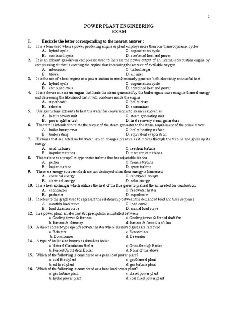 Power Plant Engineering Exam: I. Encircle The Letter Corresponding To ...