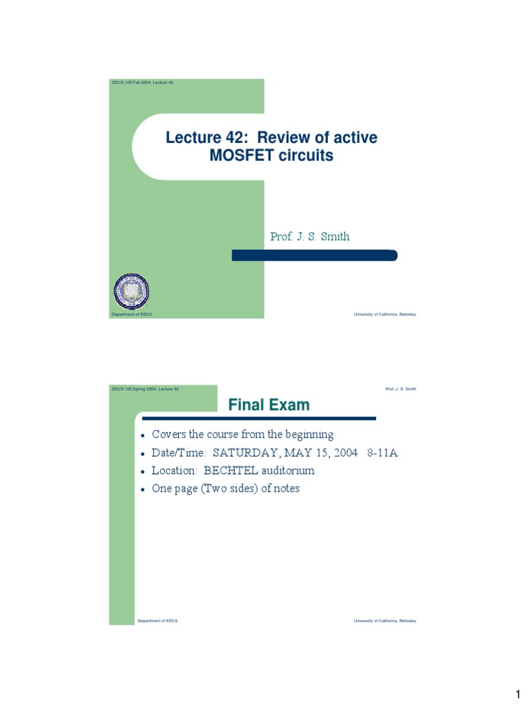 Lecture 42: Review of Active MOSFET Circuits: Final Exam | PDF | Amplifier | Field Effect Transistor