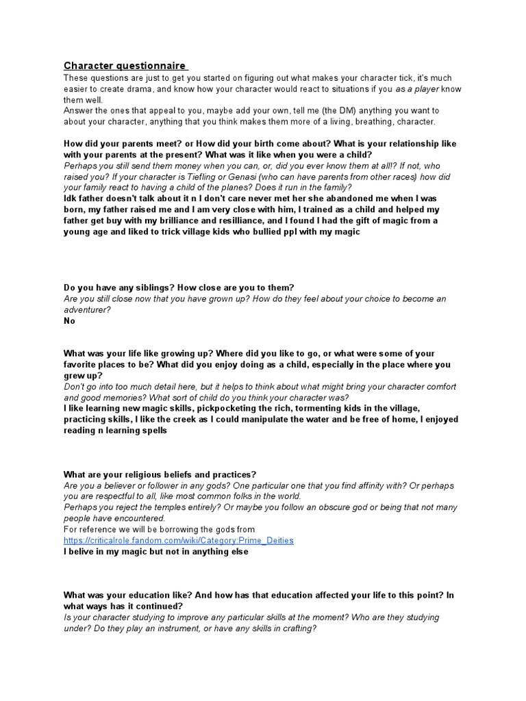 Character Questionnaire2 Wizar | PDF