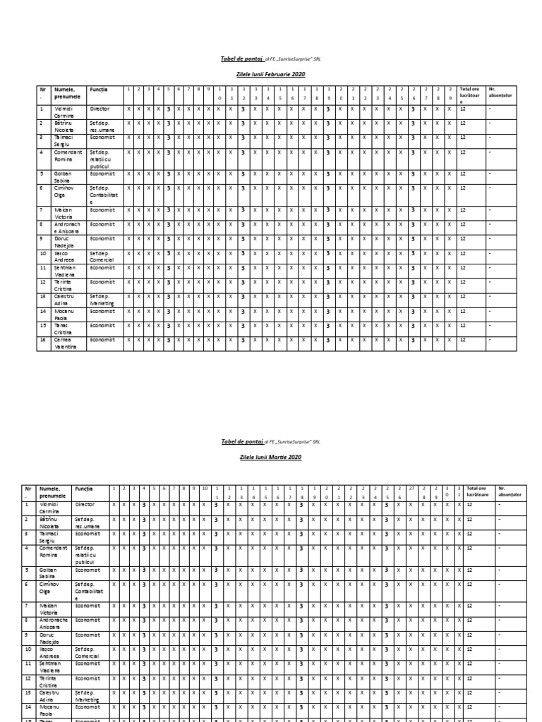 Tabel de Pontaj Zilele Lunii Februarie 2020: NR - Numele, Prenumele ...