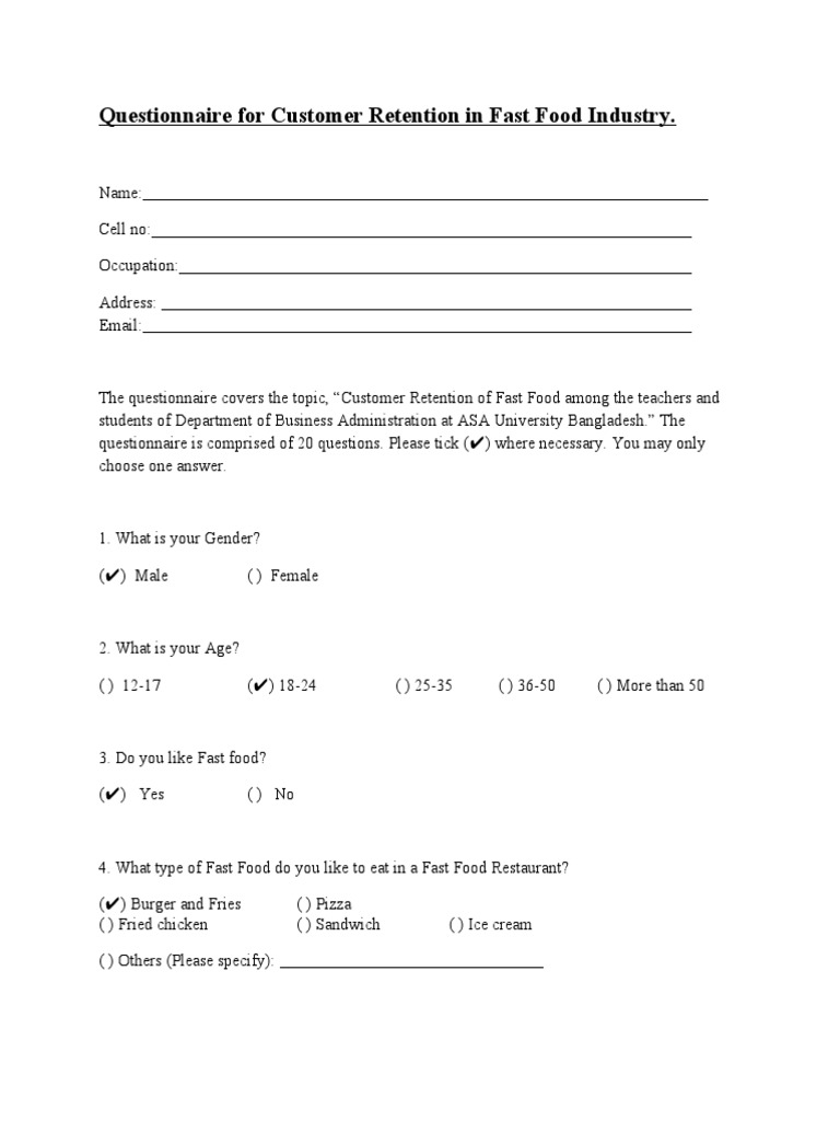 Questionnaire | PDF | Fast Food | Fast Food Restaurants