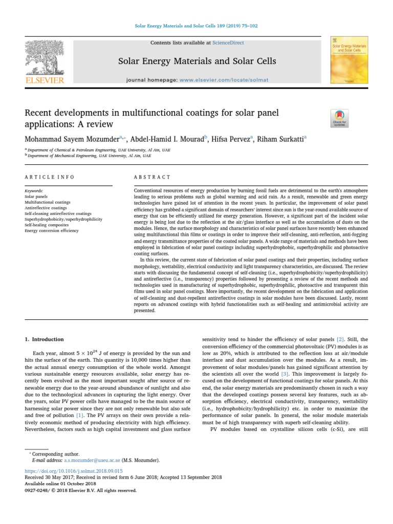 Recent Developments in Multifunctional Coatings For Solar Panel ...