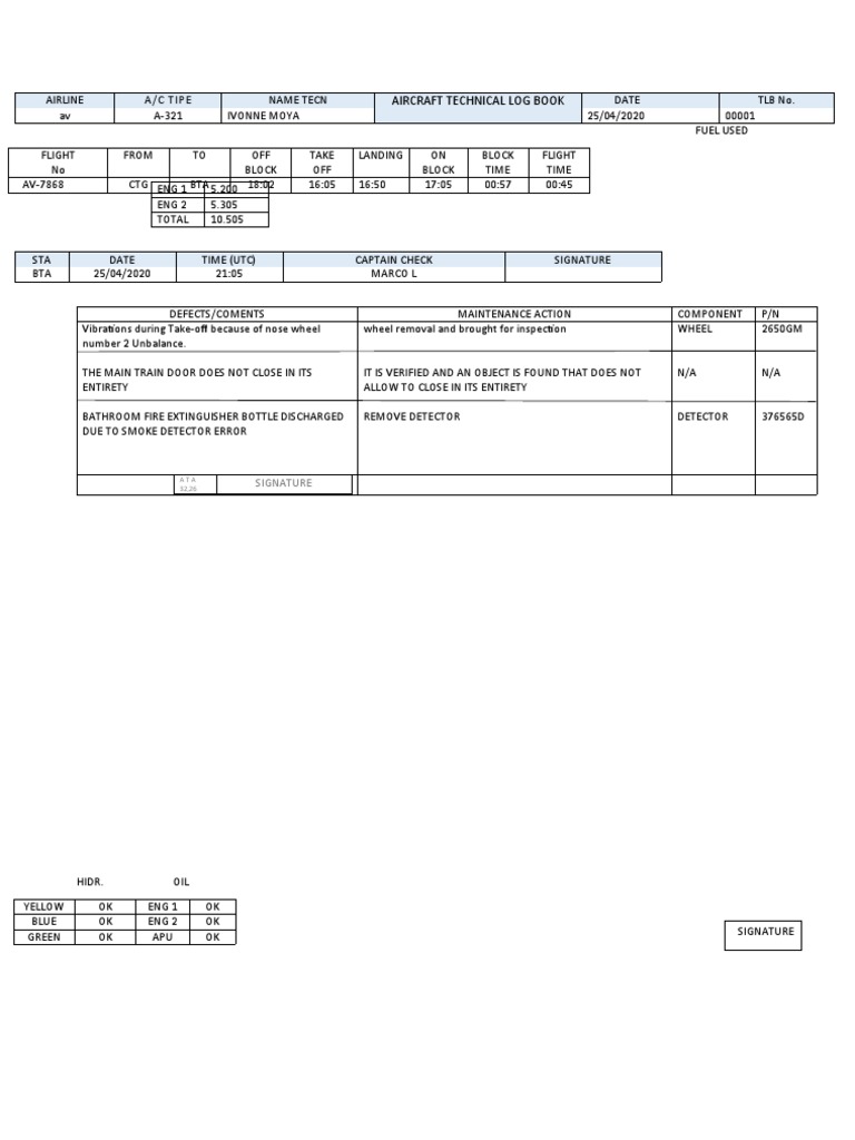 A/C Tipe: Aircraft Technical Log Book | PDF