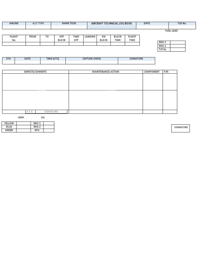 Aircraft Technical Log Book Tracking Fuel Usage, Flights, Defects and ...