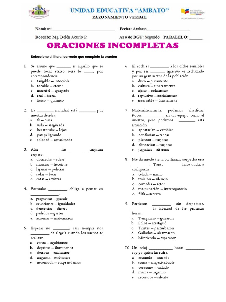 Taller de Oraciones Incompletas - Semana 9 PDF | PDF
