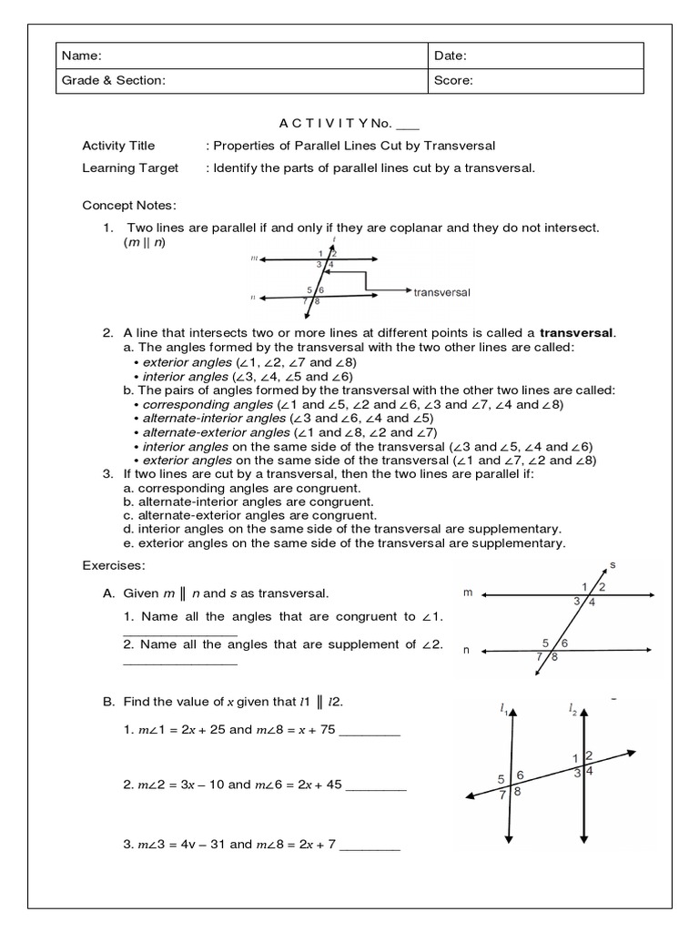 Parallel Lines Cut by A Transversal | PDF