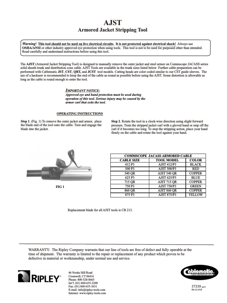 Armored Jacket Stripping Tool: Arning! W | PDF | Manufactured Goods ...