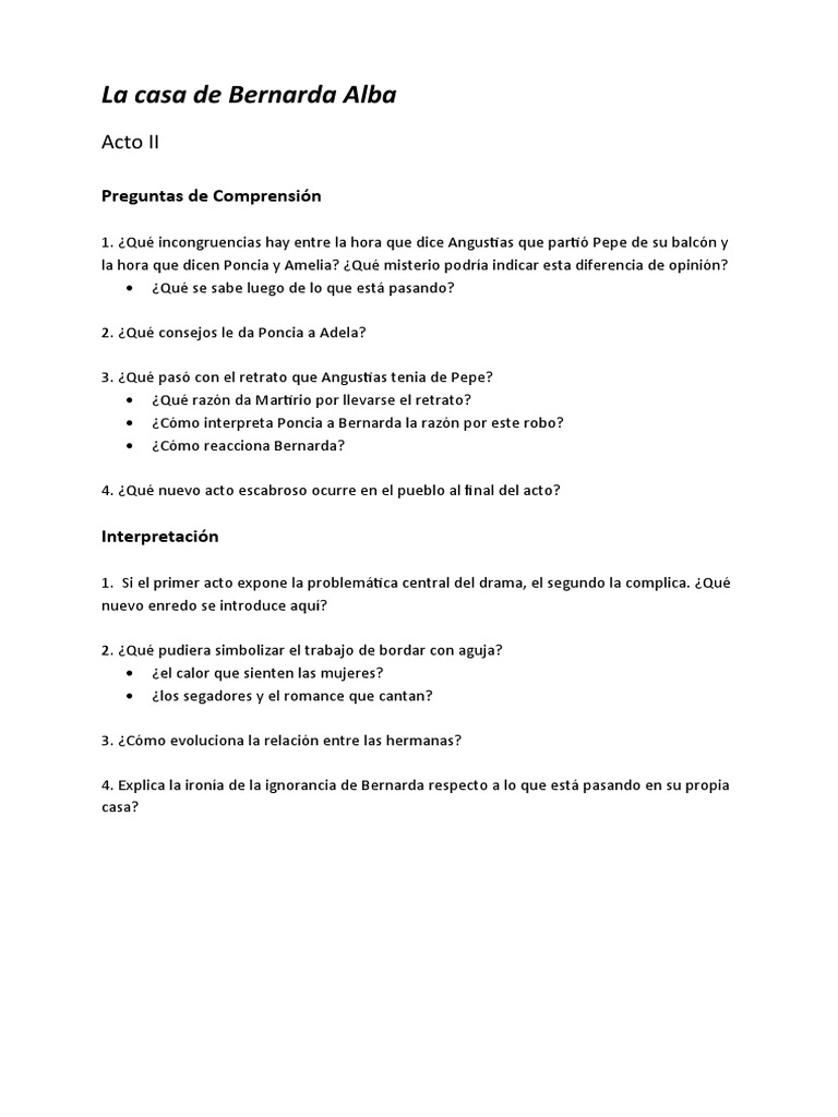 La Casa de Bernarda Alba Acto II Preguntas | PDF