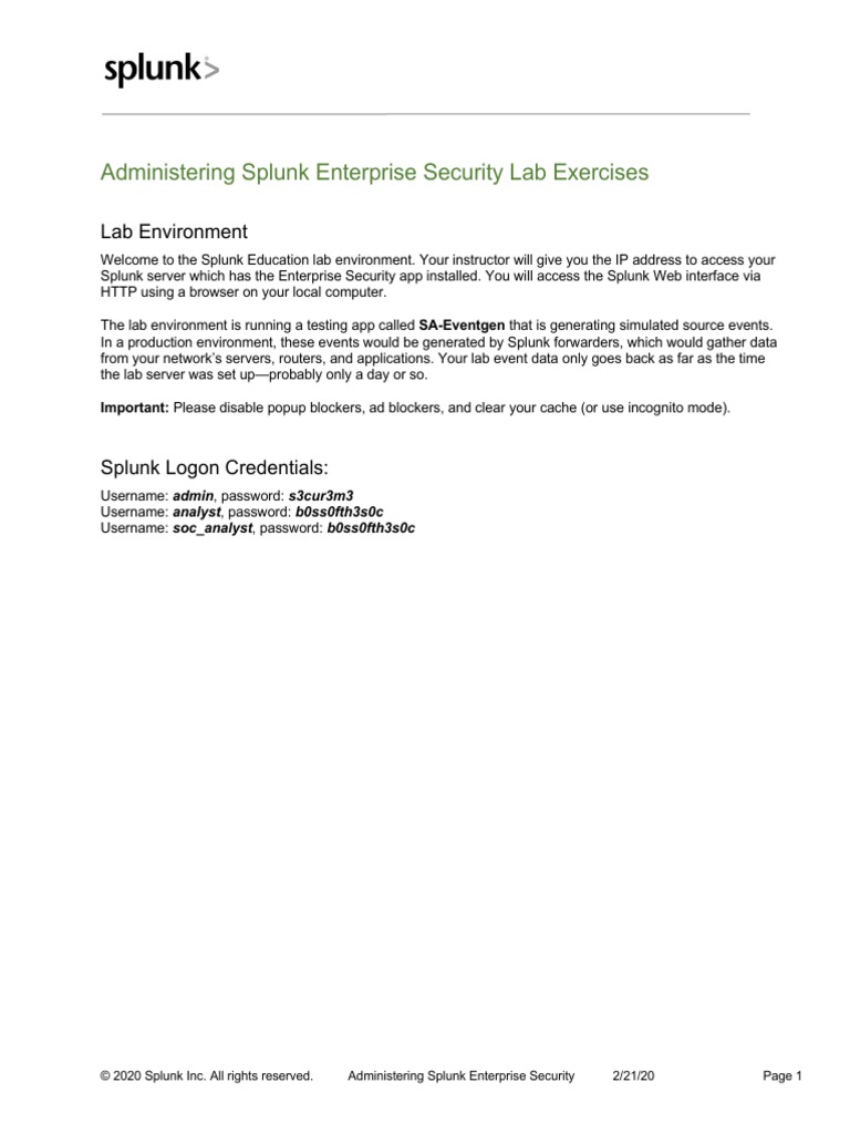 Administering Splunk Enterprise Security Lab Exercises Pdf World Wide Web Internet And Web
