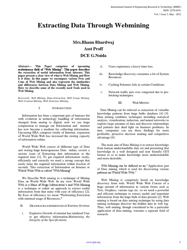 Extracting Data Through Webmining: Mrs - Bhanu Bhardwaj Asst Proff DCE G.Noida | PDF | Data ...