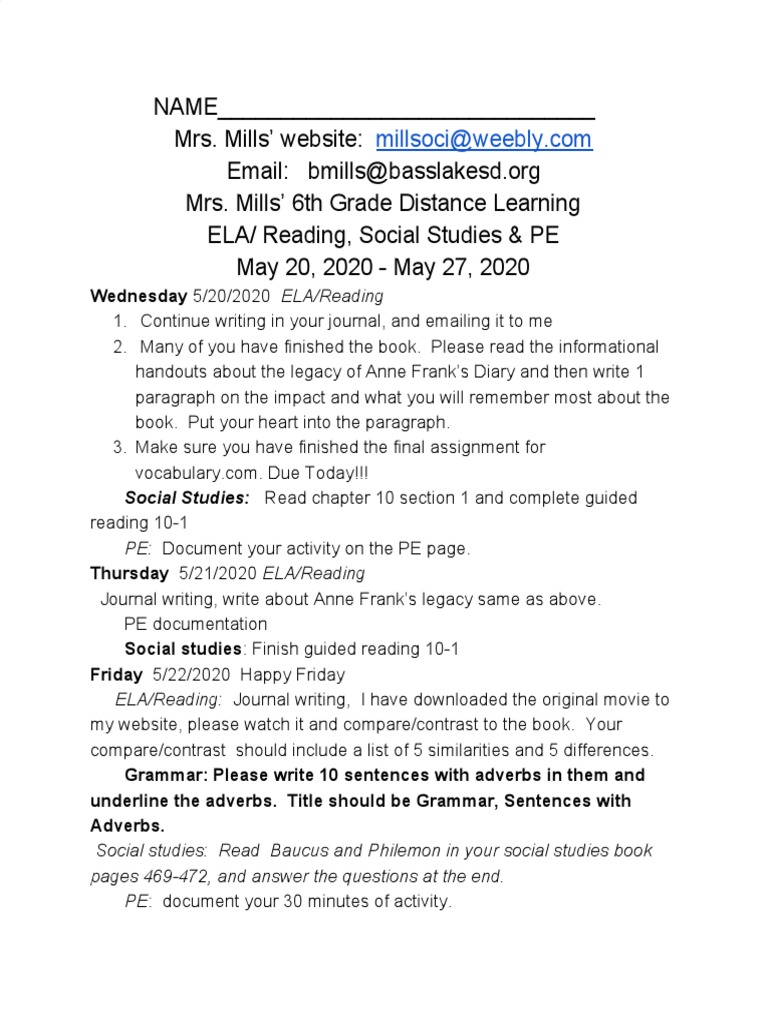 Distance Learning Plans 5 20 To 5 27 | PDF