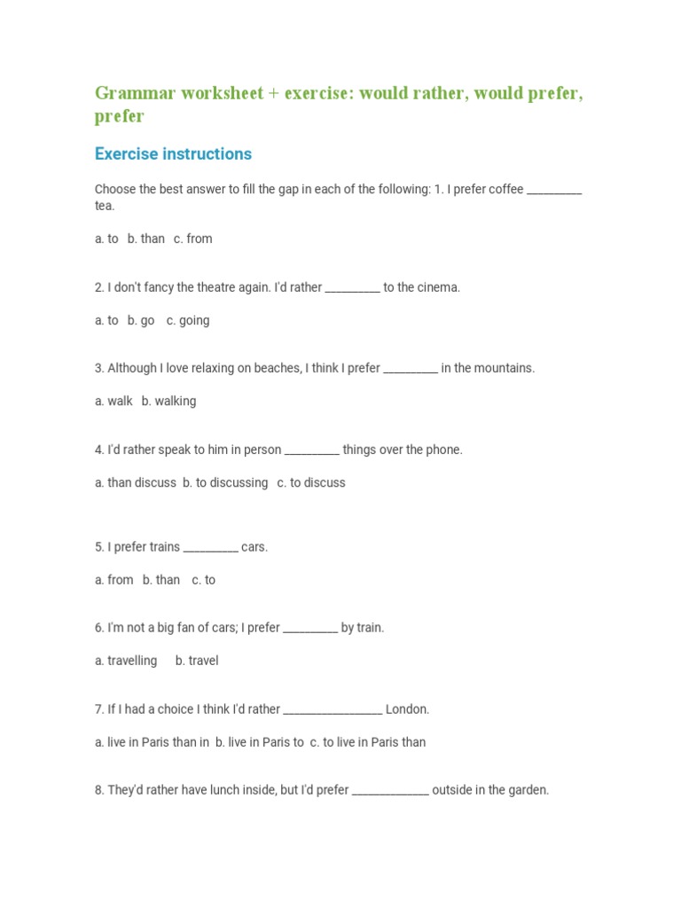 Grammar Worksheet + Exercise: Would Rather, Would Prefer, Prefer | PDF