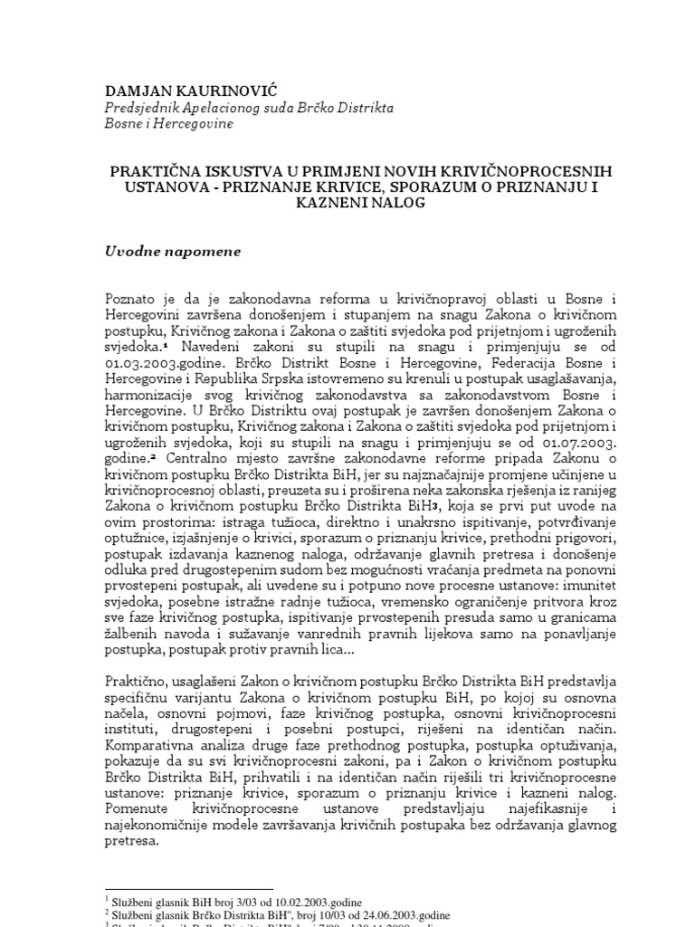 Damjan Kaurinovic - Priznanje Krivice Sporazum o Priznanju I Kazneni Nalog | PDF