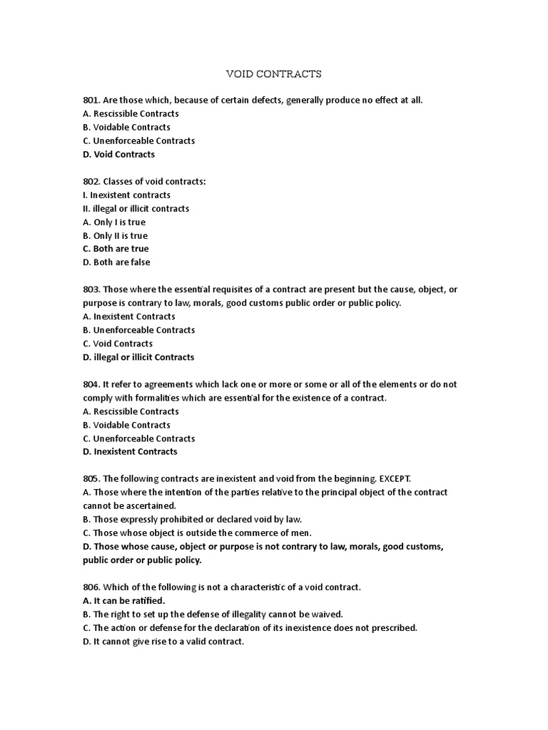 MCQ Void Contracts | PDF | Void (Law) | Annulment