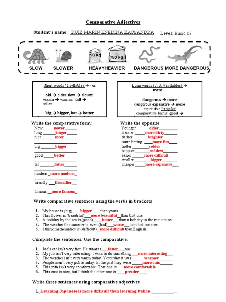 Comparative Adjectives: Slow Slower Heavyheavier Dangerous More ...