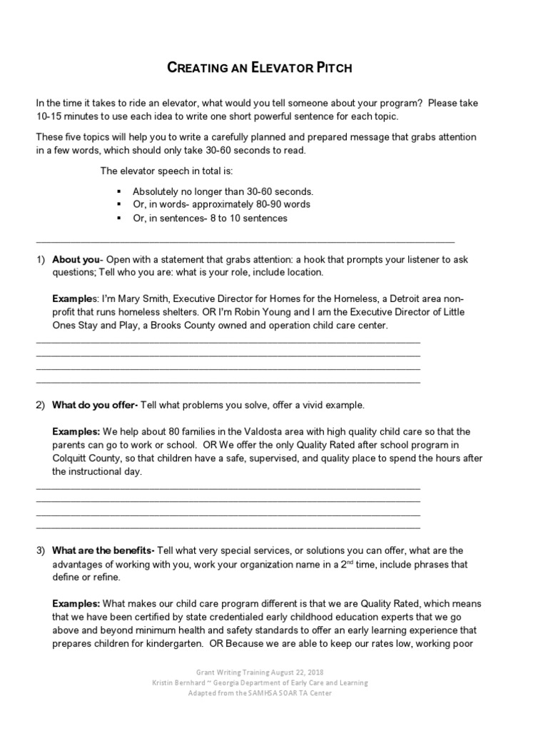 Creating An Elevator Pitch Worksheet | PDF | Early Childhood Education ...