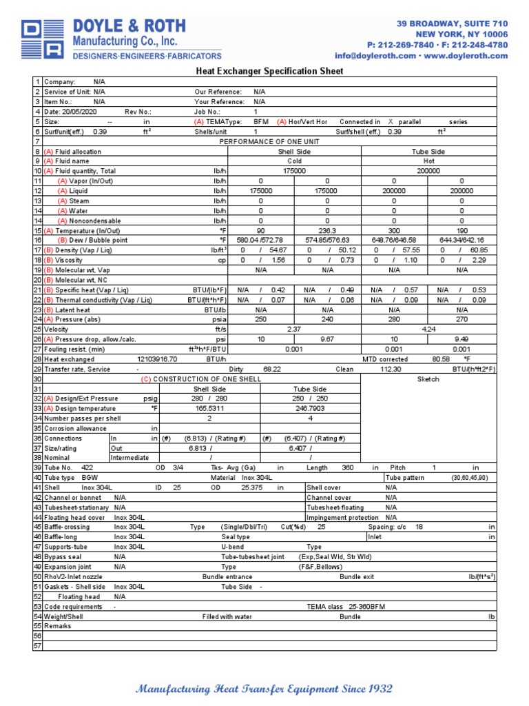 Heat Exchanger Specification Sheet | PDF | Pipe (Fluid Conveyance) | Gases