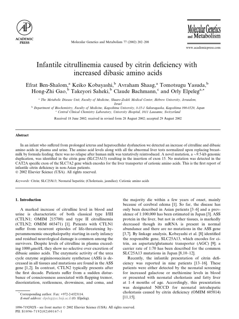 Ben-Shalom, E. Et Al. - Infantile Citrullinemia Caused by Citrin ...