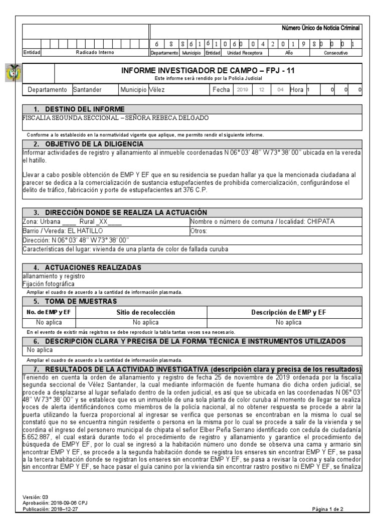 FPJ 11 Informe Investigador de Campo V 0 | PDF | Policía | Thriller y crimen