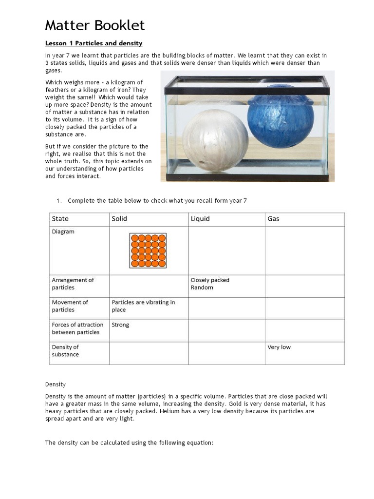 Matter Booklet: Lesson 1 Particles and Density | PDF | Atmosphere Of ...