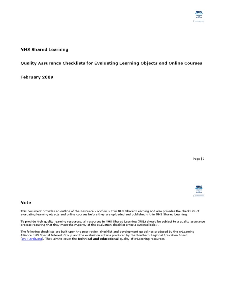 NHS Shared Learning Quality Assurance Checklists For Evaluating ...