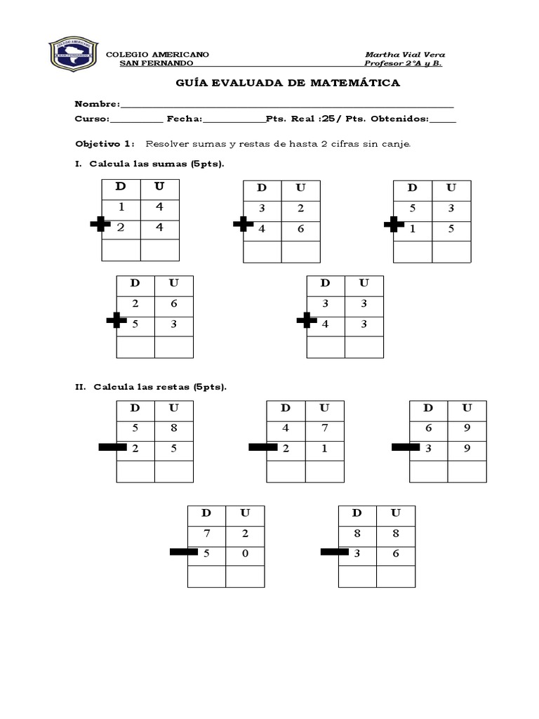 Guía Evaluada de Sumas y Restas de Dos Dígitos | PDF | Números | Aritmética