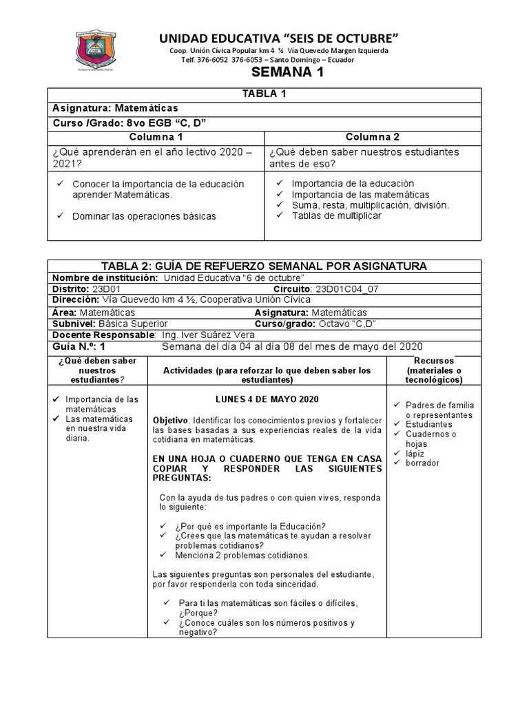 8vo - Matematicas - Semana 1 | PDF | Multiplicación | Enseñanza de ... 8vo - Matematicas - Semana 1 | PDF | Multiplicación | Enseñanza de ...