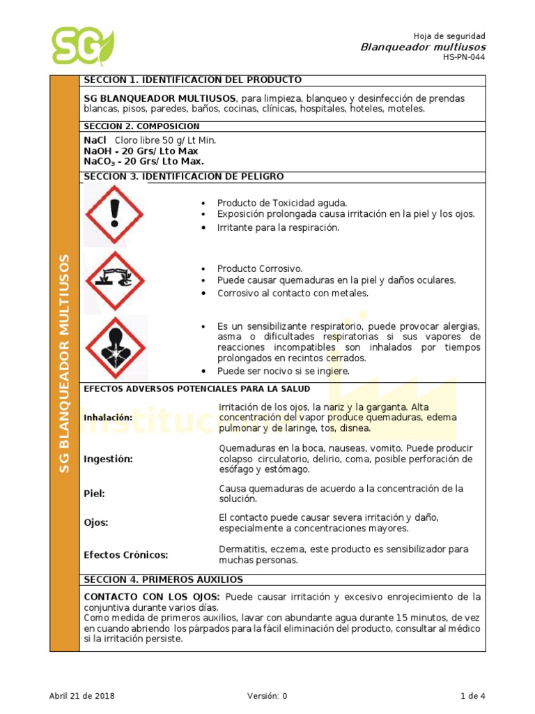Hoja de seguridad para blanqueador multiusos: detalles sobre ...