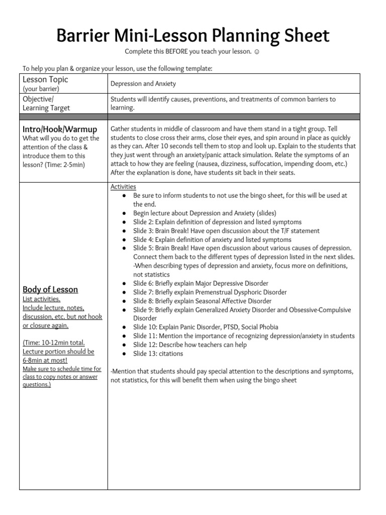 Barrierpres Planning Template | PDF | Anxiety Disorder | Mental Disorder