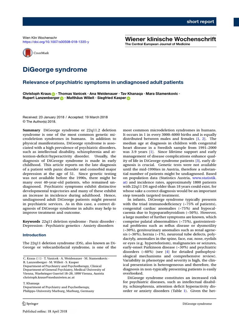 Digeorge Syndrome: Relevance of Psychiatric Symptoms in Undiagnosed ...